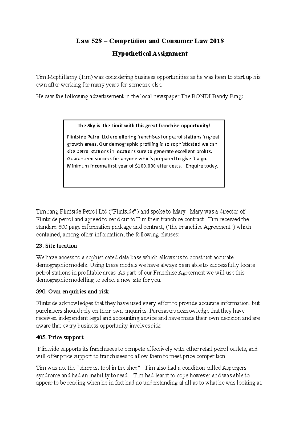 Hypothetical Assignment - Law 528 – Competition and Consumer Law 2018 ...