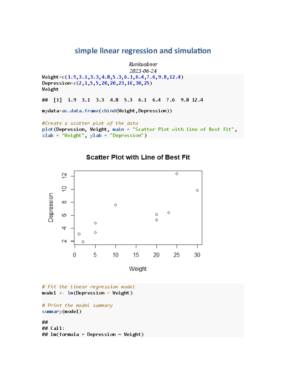Doc - practical matrials - simple linear regression and simulation Kunkuaboor 2023-06- - Studocu
