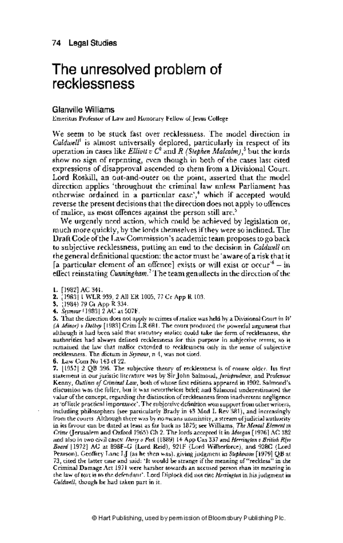 LL W3 S16 The unresolved problem of recklessness - 74 Legal Studies The ...