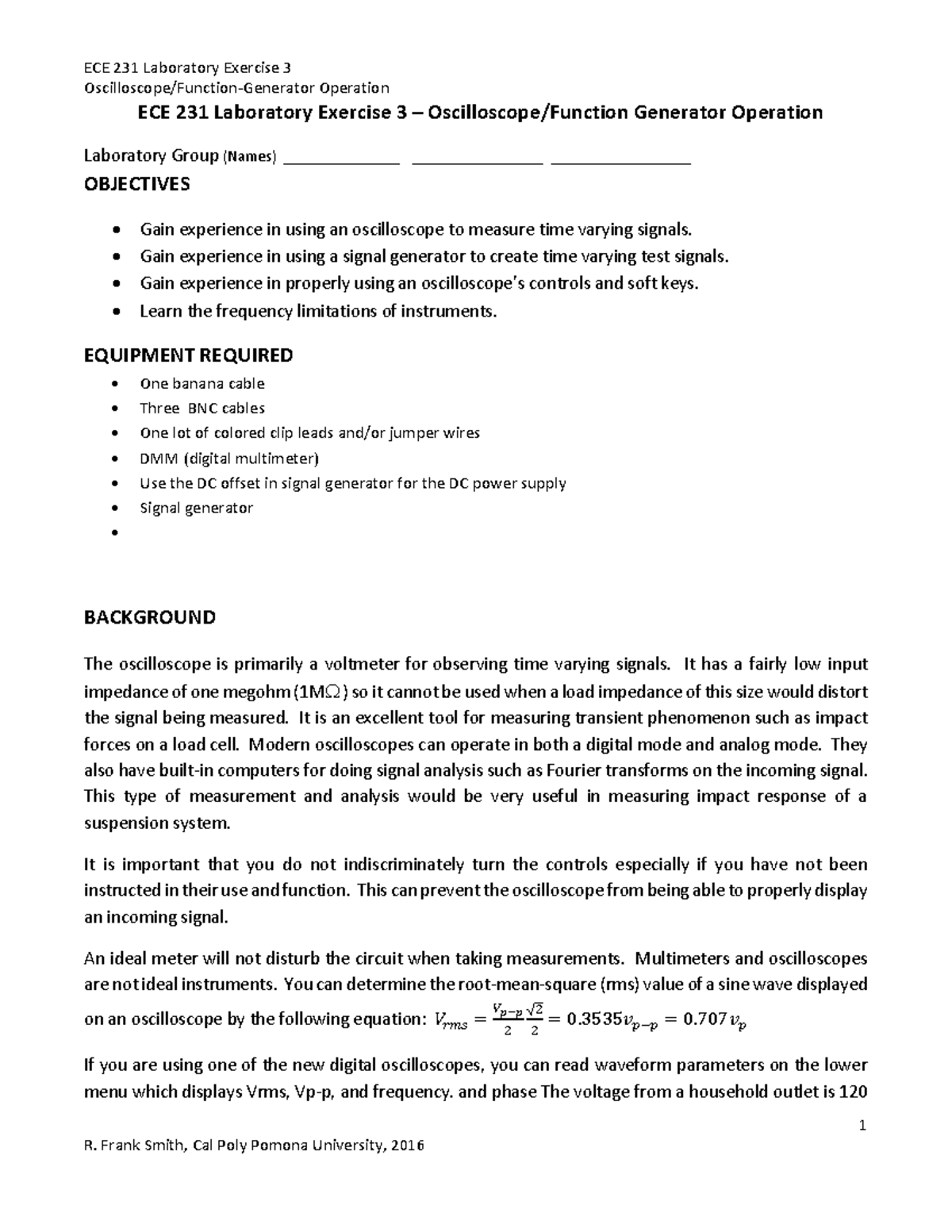 ECE 231 Lab Manual Experiment 3 Osciloscope - History of Engineering ...