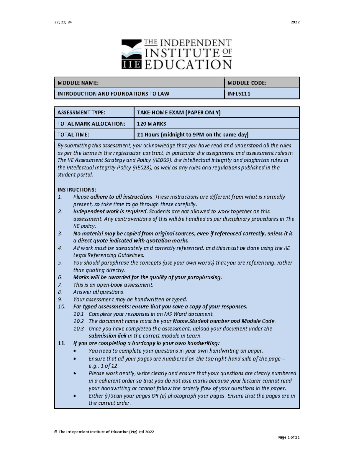 INTRODUCTION AND FOUNDATION TO LAW FIRST YEAR MODULE OLD EXAM PAPER ...