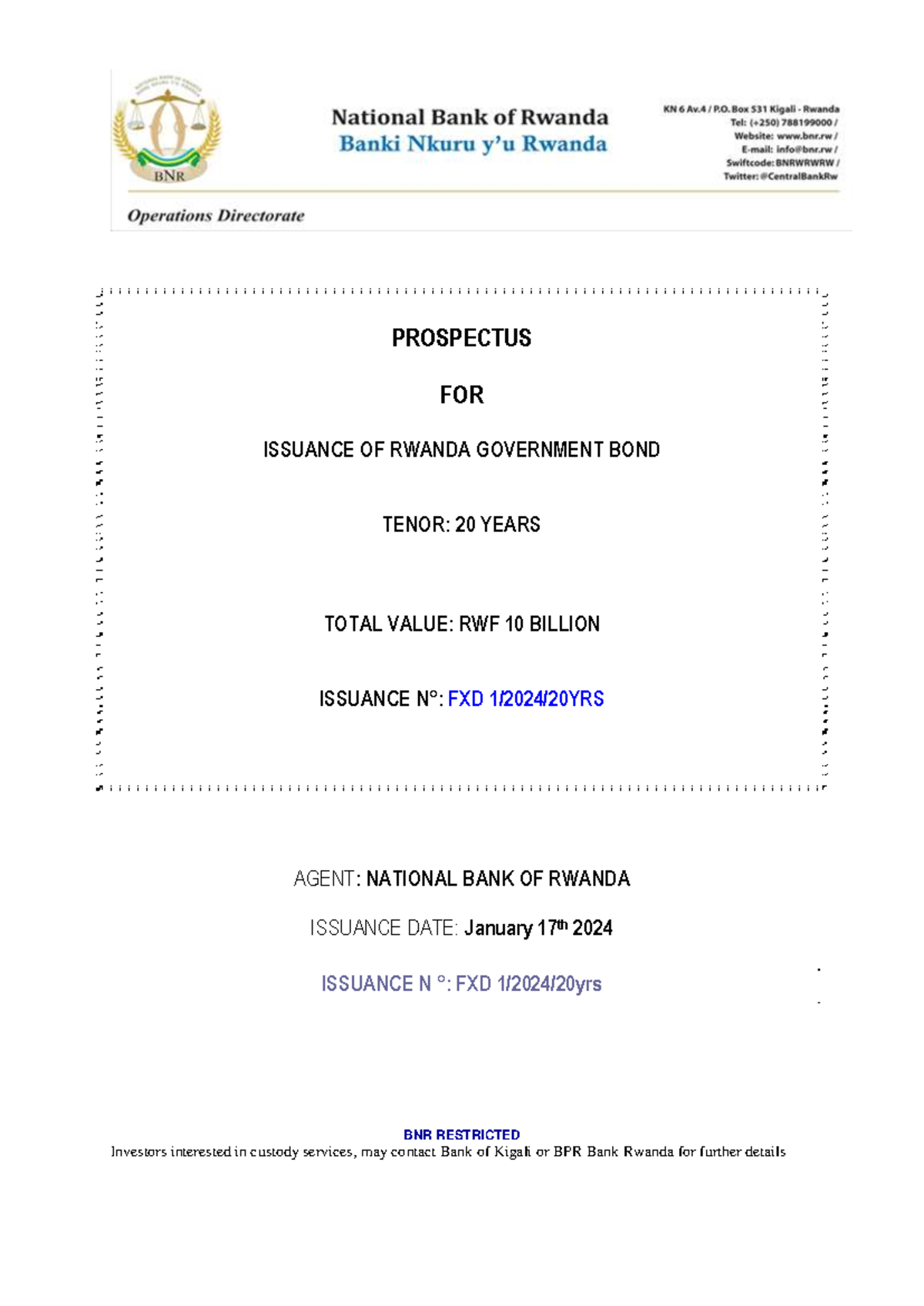 Prospectus FOR Issuance 20-YEAR BOND ON January 15th 2024 - BNR ...