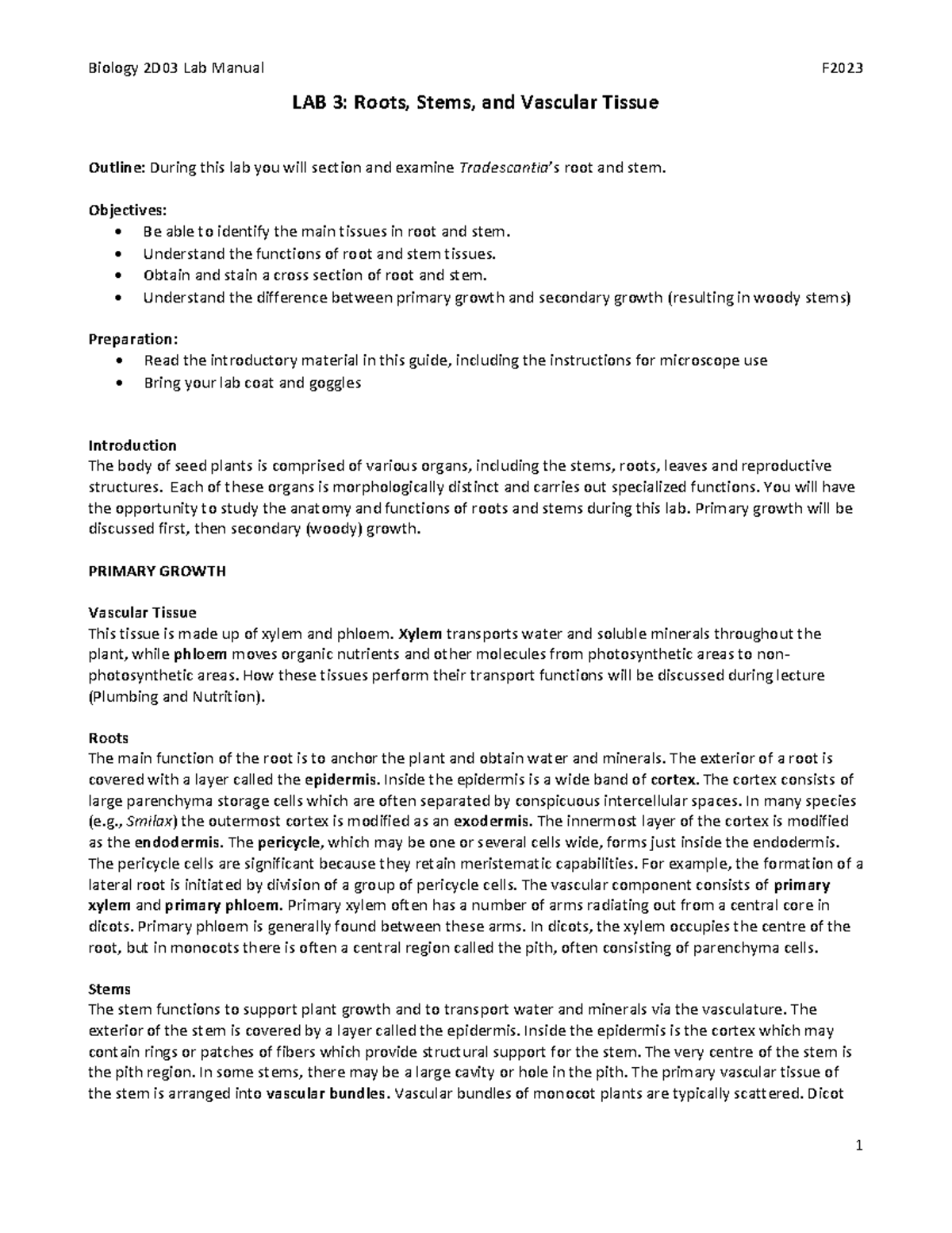 Bio 2D03 Lab 3 - Roots, Stems, Vascular Tissue F23 Final - LAB 3 ...