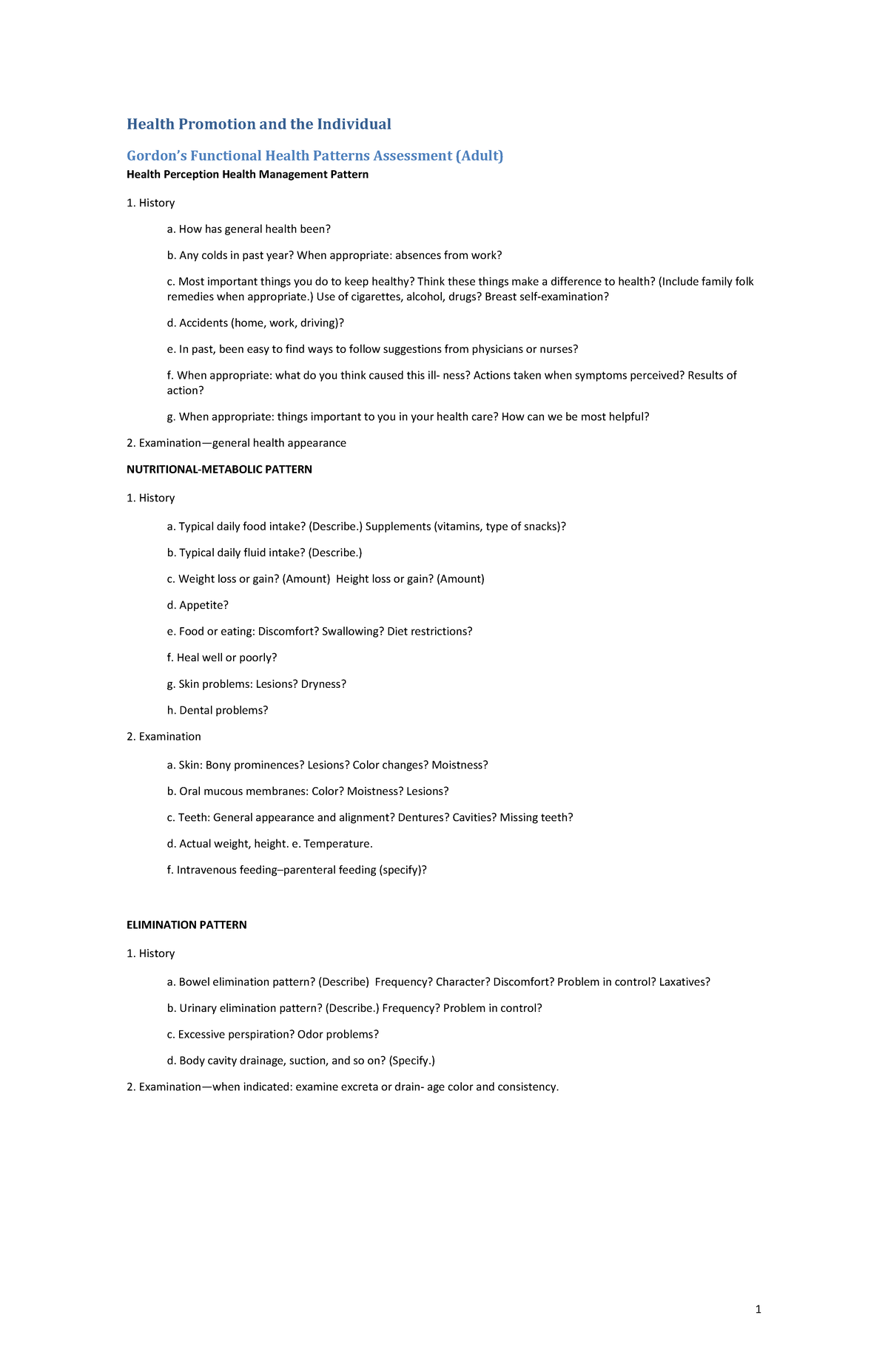 Gordons functional health patterns - Health Promotion and the ...