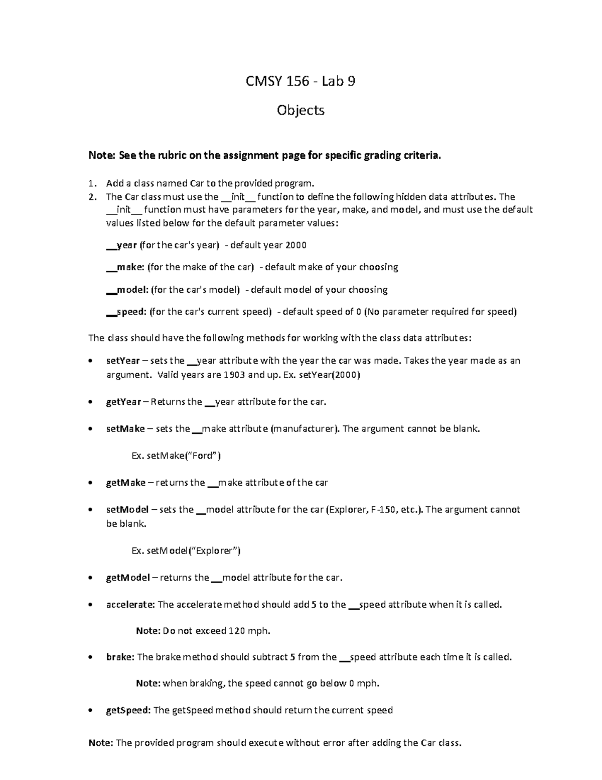Lab9-Objects - An aspect for lab 9 - CMSY 156 - Lab 9 Objects Note: See the rubric on the ...