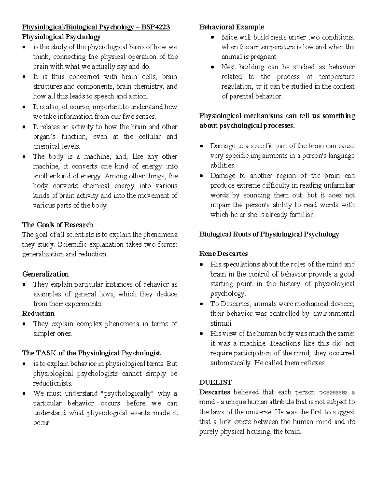 BSP4223 Physiological Biological Psychology - Physiological/Biological ...