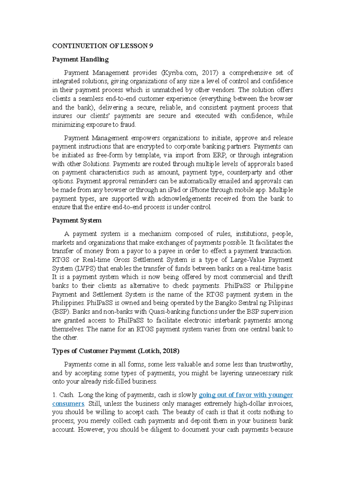 Payment Handlng - reviewer continuetion of lesson 9 - CONTINUETION OF ...
