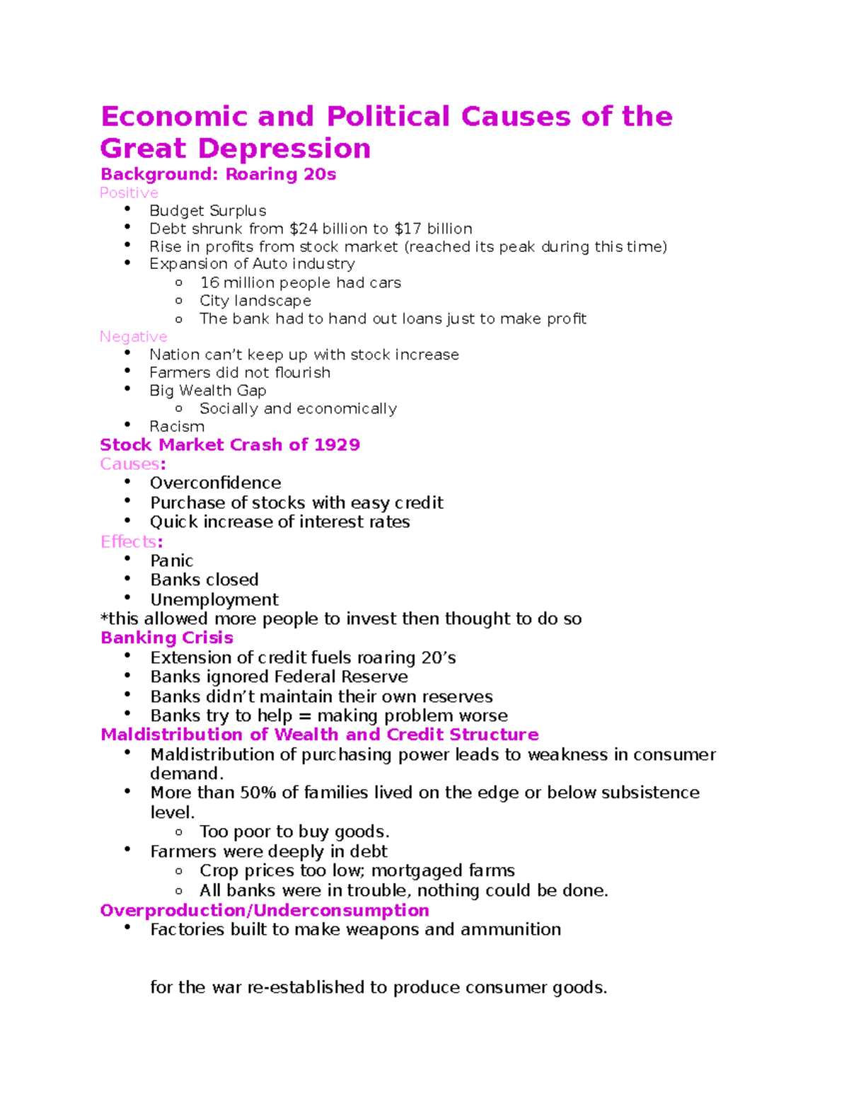 Economic and Political Causes of the Great Depression - Economic and ...