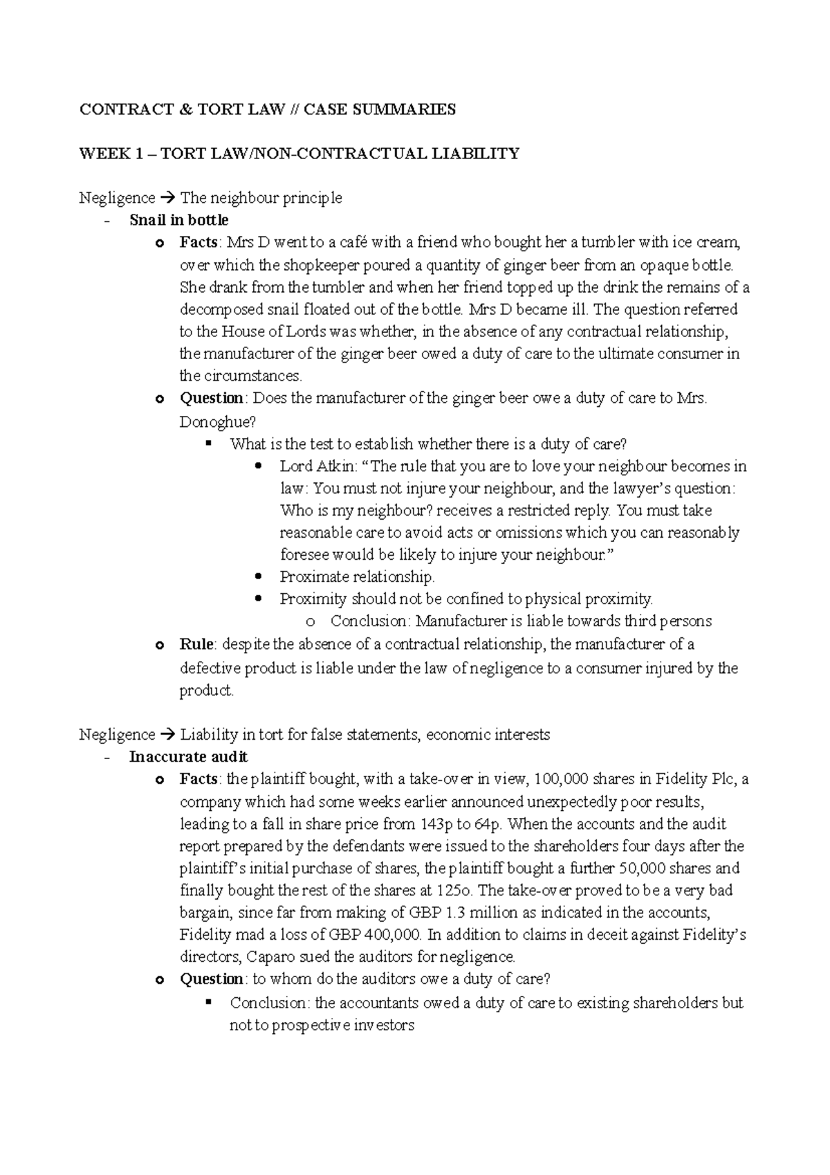 Contract & Tort Case Law Summary - CONTRACT & TORT LAW // CASE ...