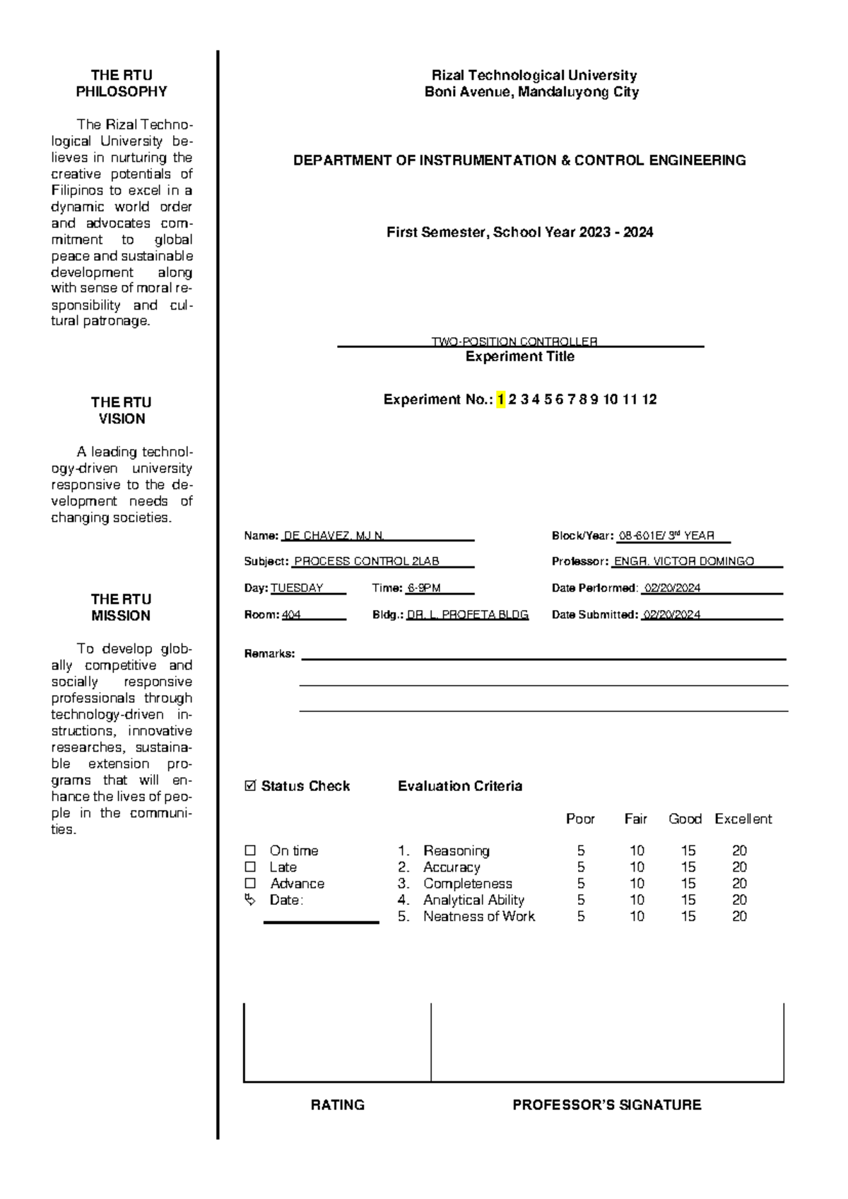 Two-Position Controller - THE RTU PHILOSOPHY The Rizal Techno- logical ...