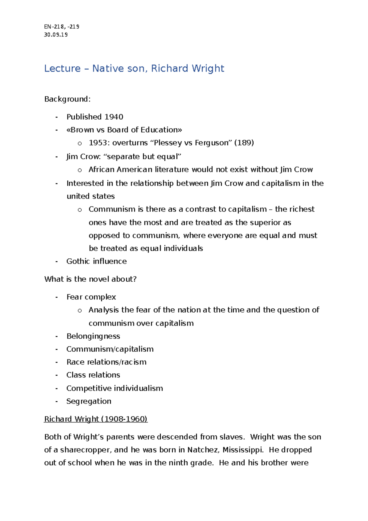 Lecture - Native son, Richard Wright - Lecture – Native son, Richard ...