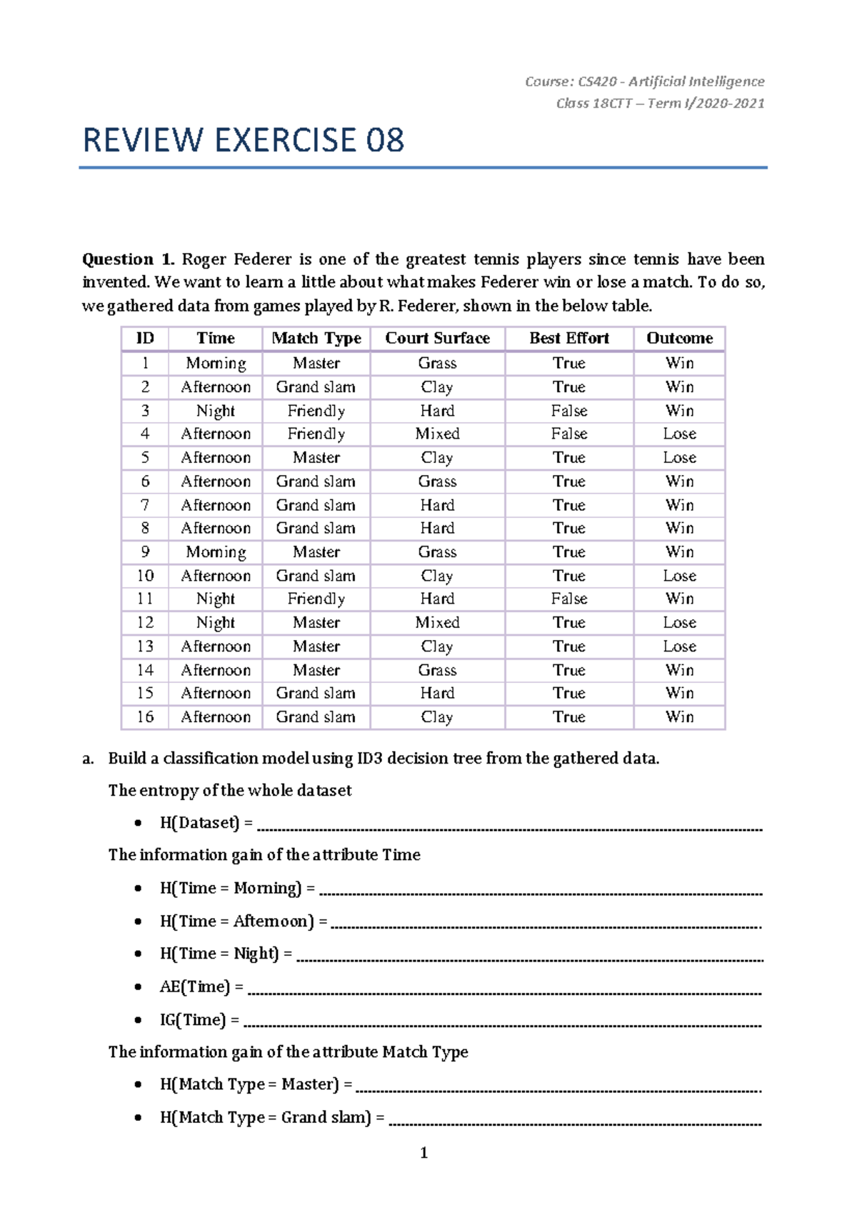 2021-Review Exercise 08-ML - 1 Course: CS420 - Artificial Intelligence Class 18CTT – Term I/2020 ...