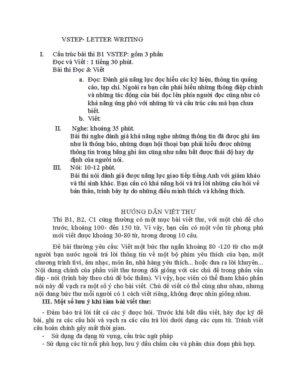 Writing - luyện viết - VSTEP- LETTER WRITING I. Cấu trúc bài thi B1 ...