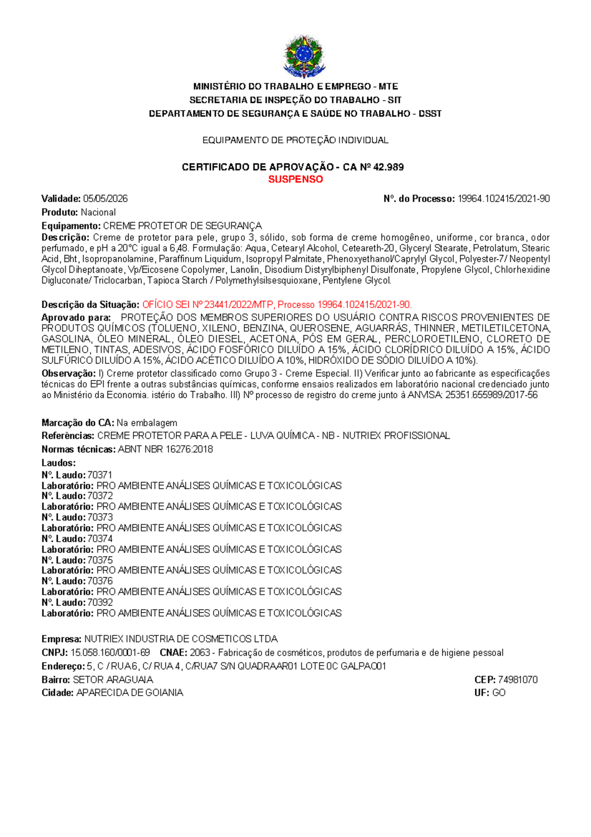 CA 42989 - sdsdsdsd - CERTIFICADO DE APROVAÇÃO - CA Nº 42. SUSPENSO ...