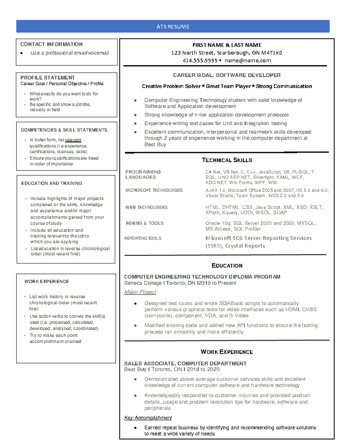 ATS Resume Example - ATS RESUME FIRST NAME & LAST NAME 123 North Street ...