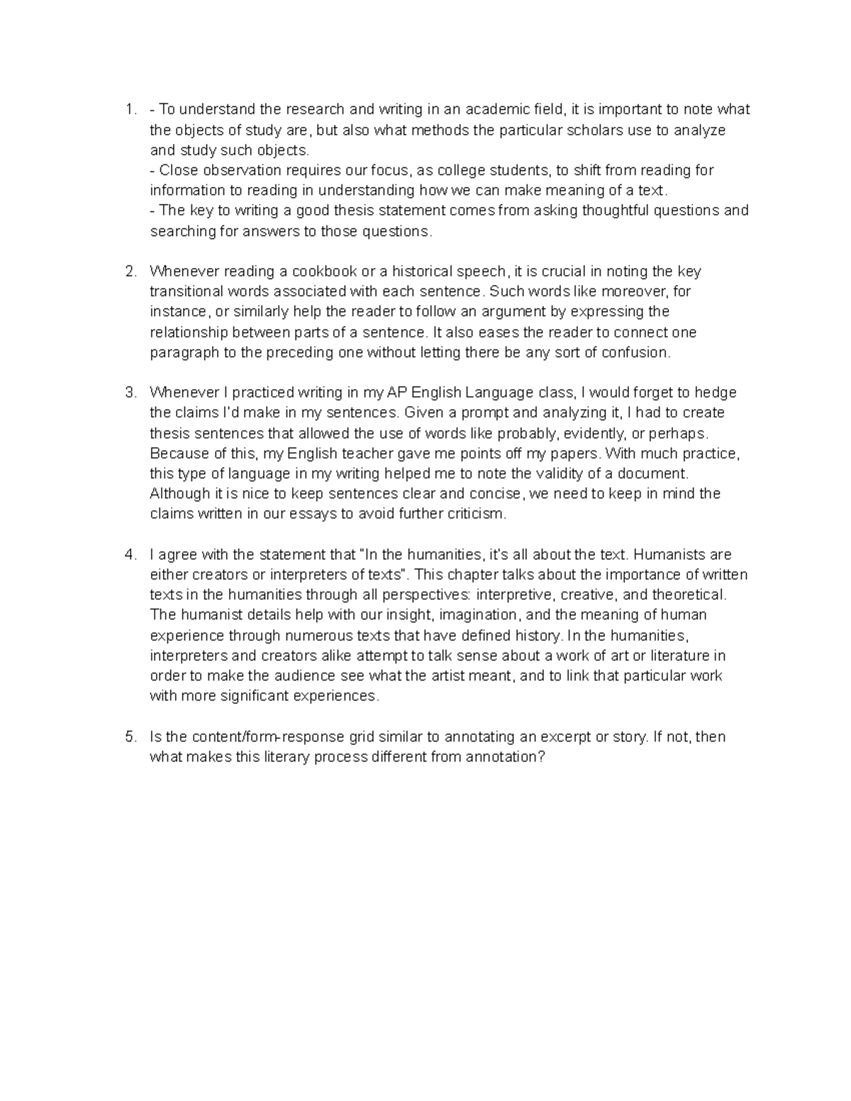 Reading Response Al Reading Writing in the Humanities - To understand ...