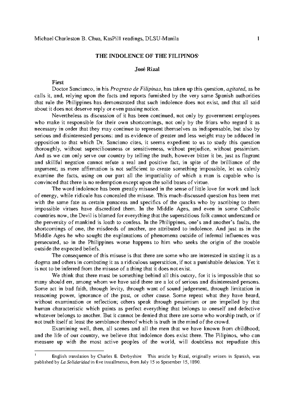 The Indolence of the Filipinos - THE INDOLENCE OF THE FILIPINOS 1 José ...