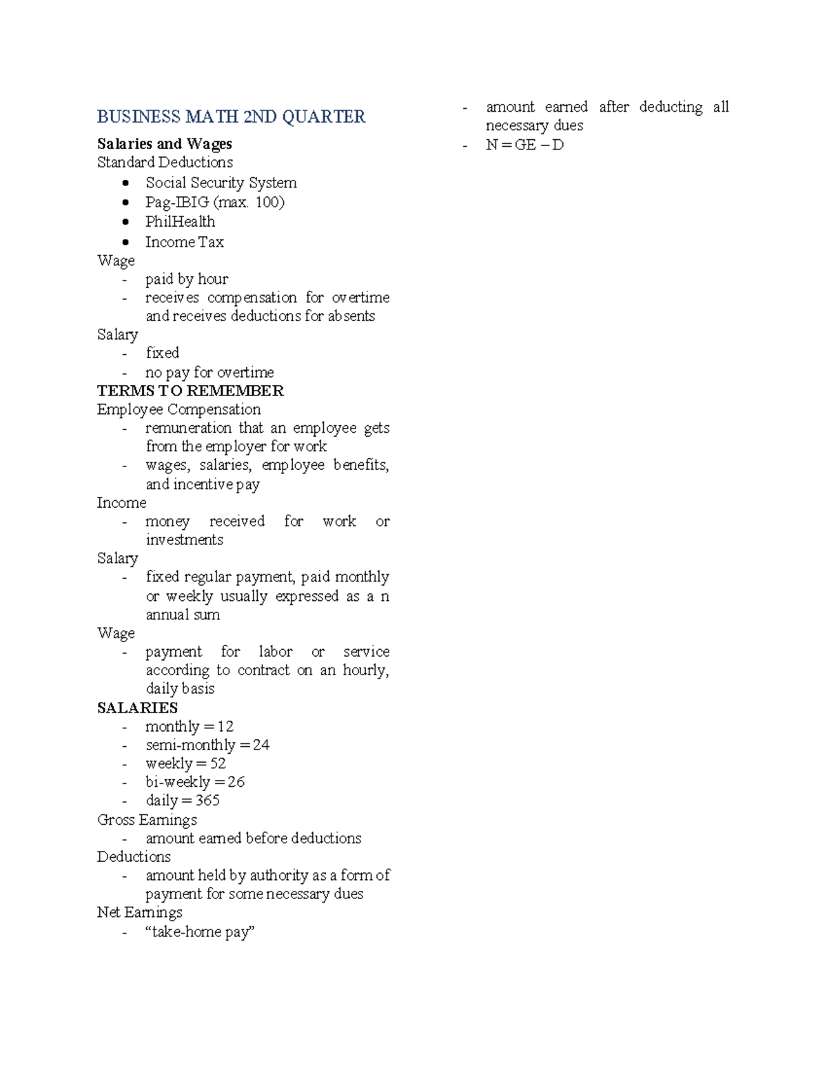 Bus Math Lecture Notes - BUSINESS MATH 2ND QUARTER Salaries and Wages ...