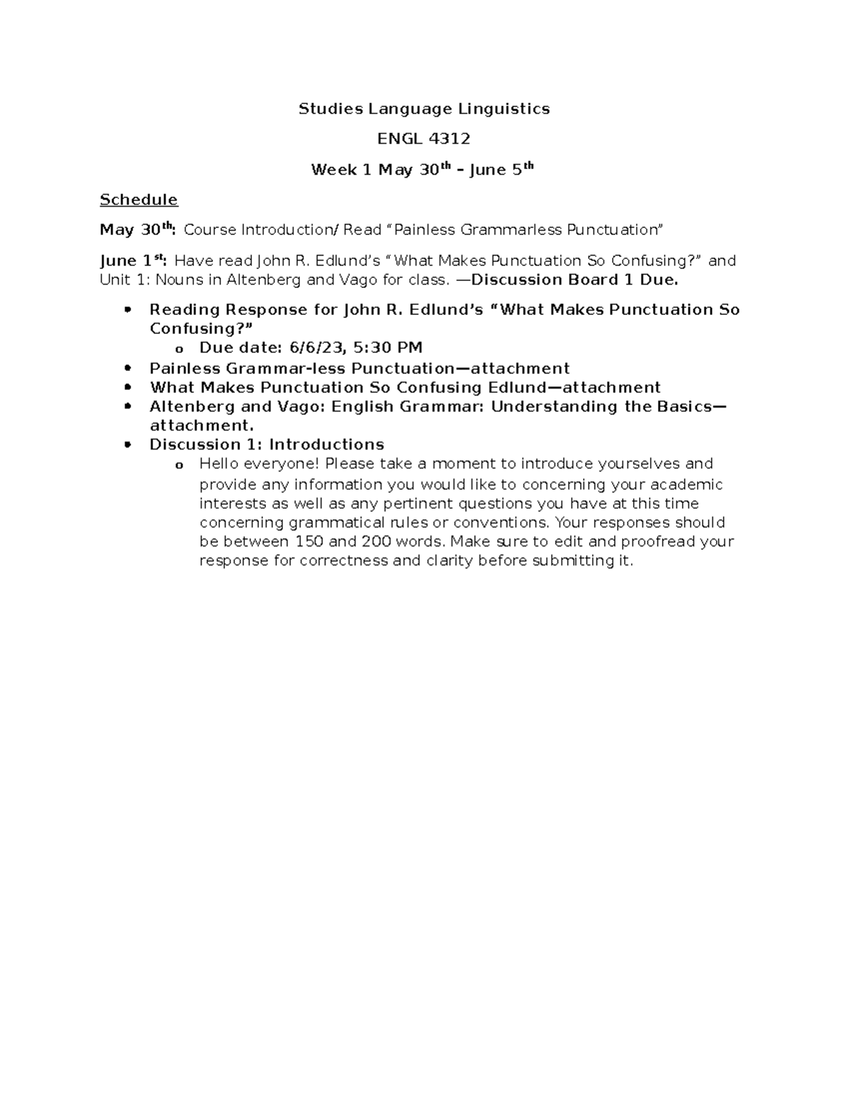 Week 1 Coursework Outline - Studies Language Linguistics ENGL 4312 Week ...