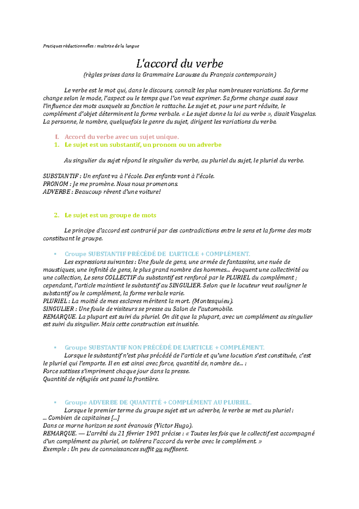 Accords du verbe - Notes de cours Pratiques rédactionnelles - Pratiques ...