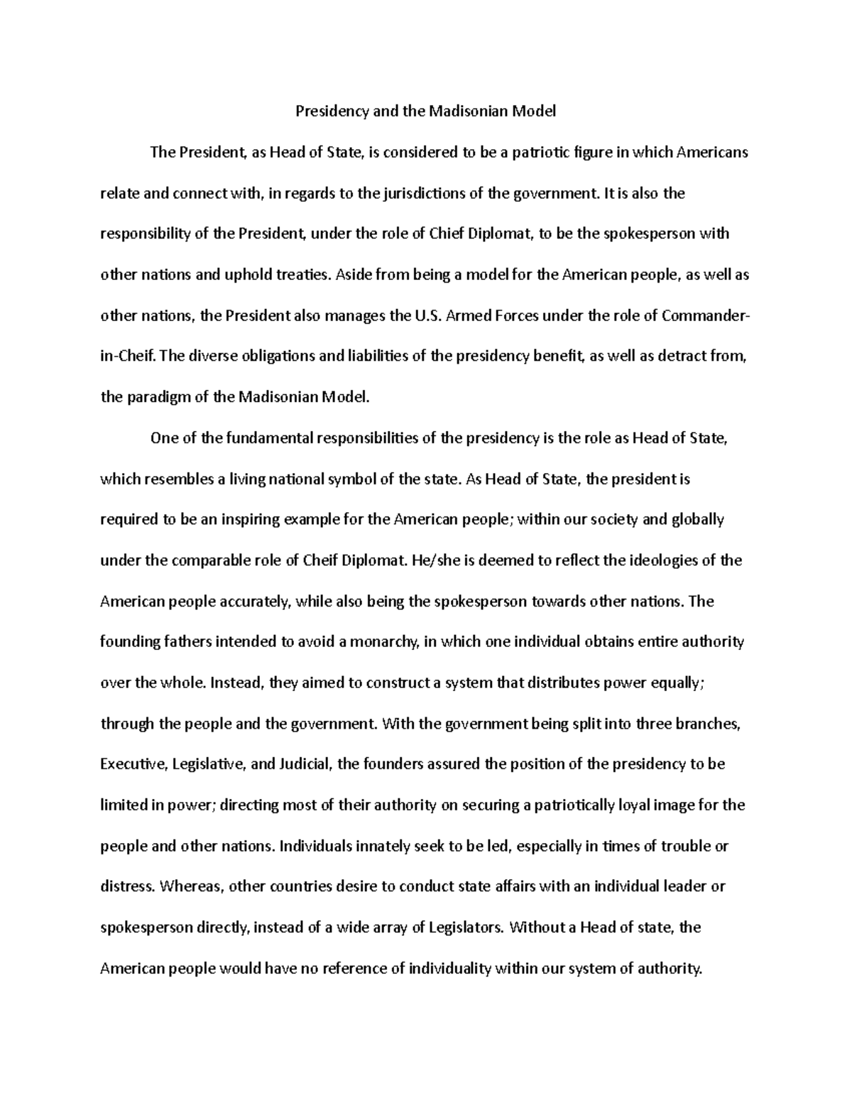 (Essay)Presidency and the Madisonian Model - Presidency and the ...