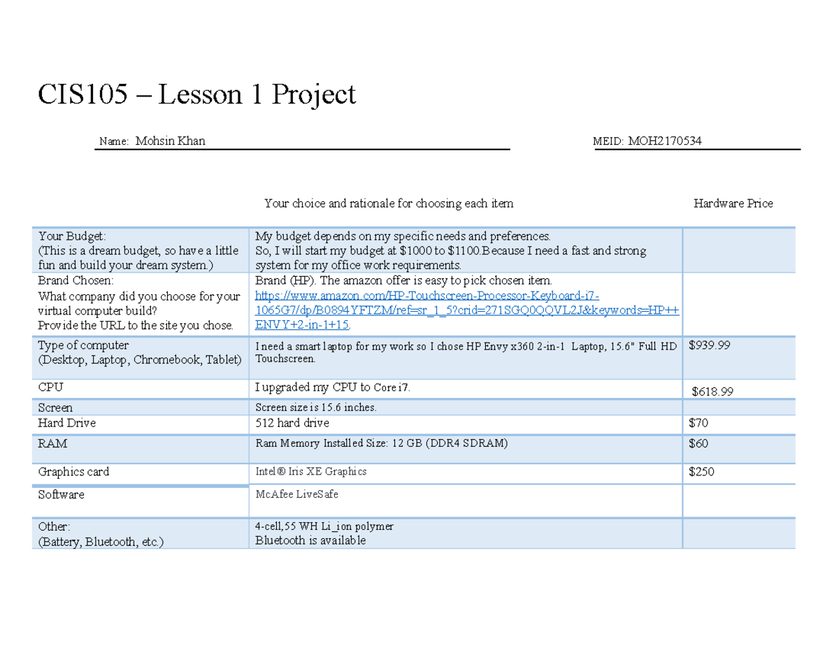 CIS 105 lesson 1 project 1 - CIS105 – Lesson 1 Project Name: Mohsin ...