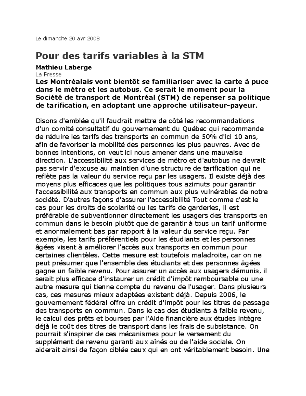 Tarifs variables STM - Article - Le dimanche 20 avr 2008 Pour des ...