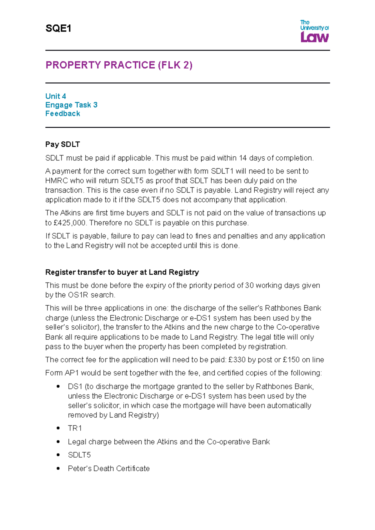 Time limits - lecture - SQE PROPERTY PRACTICE (FLK 2) Unit 4 Engage Task 3 Feedback Pay SDLT ...
