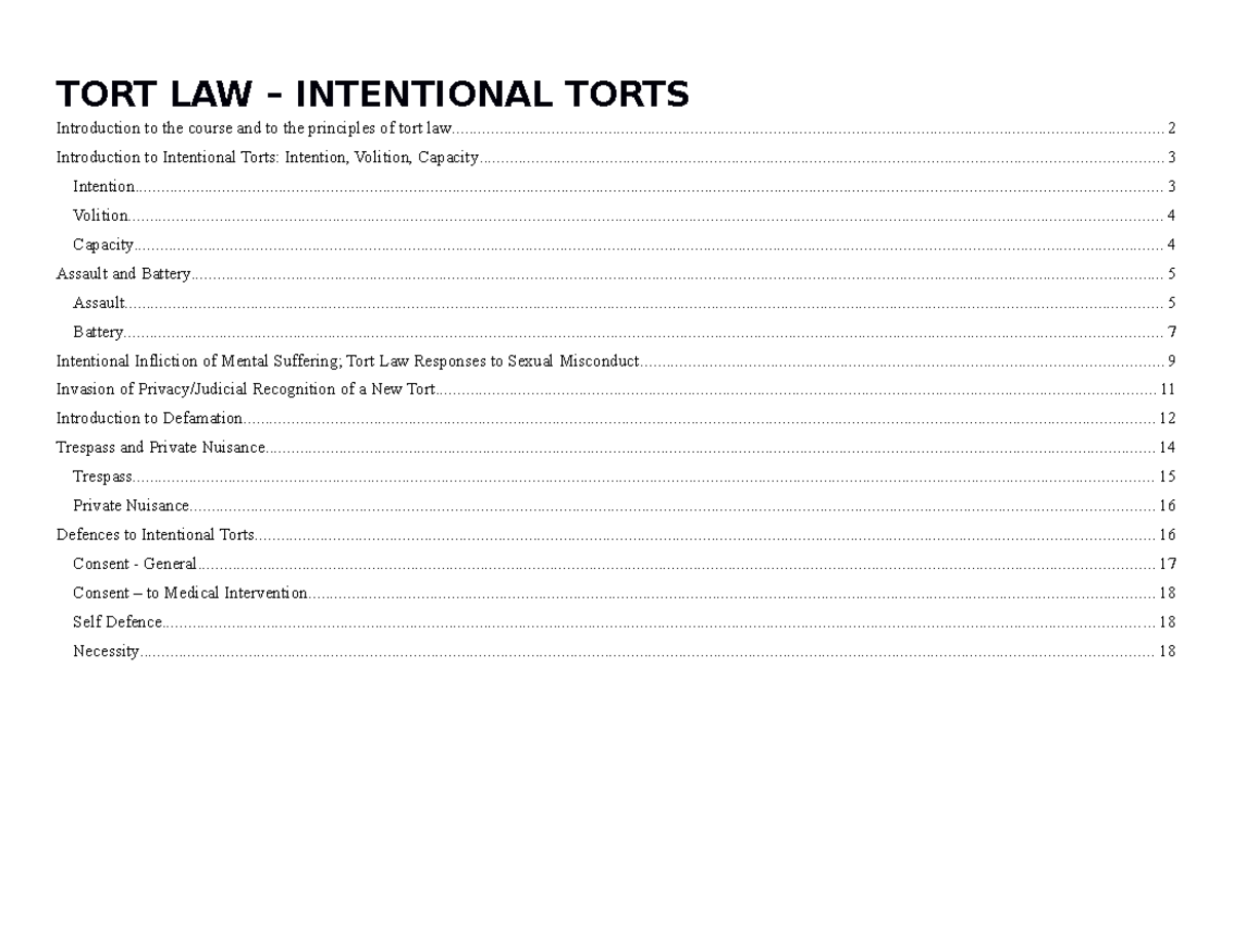 EXAM- Intentional-TORT CAN - TORT LAW – INTENTIONAL TORTS Introduction ...