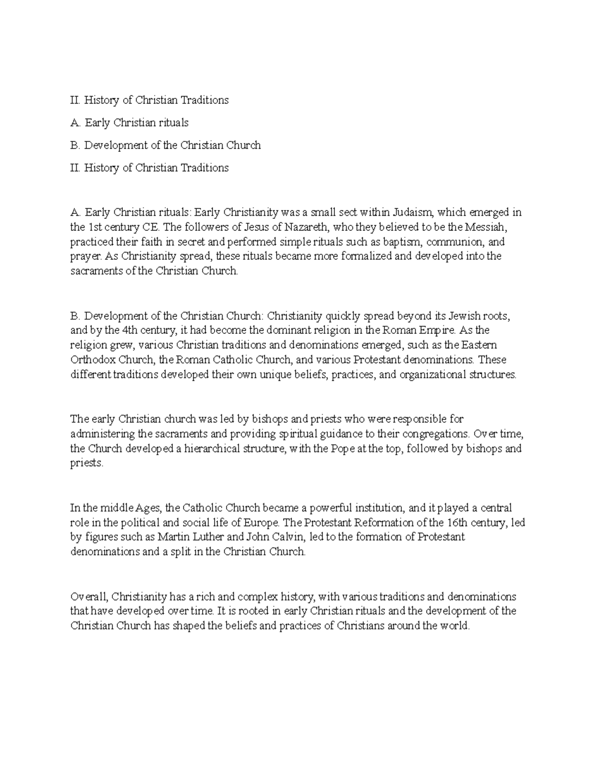 Christian traditions 2 - II. History of Christian Traditions A. Early ...