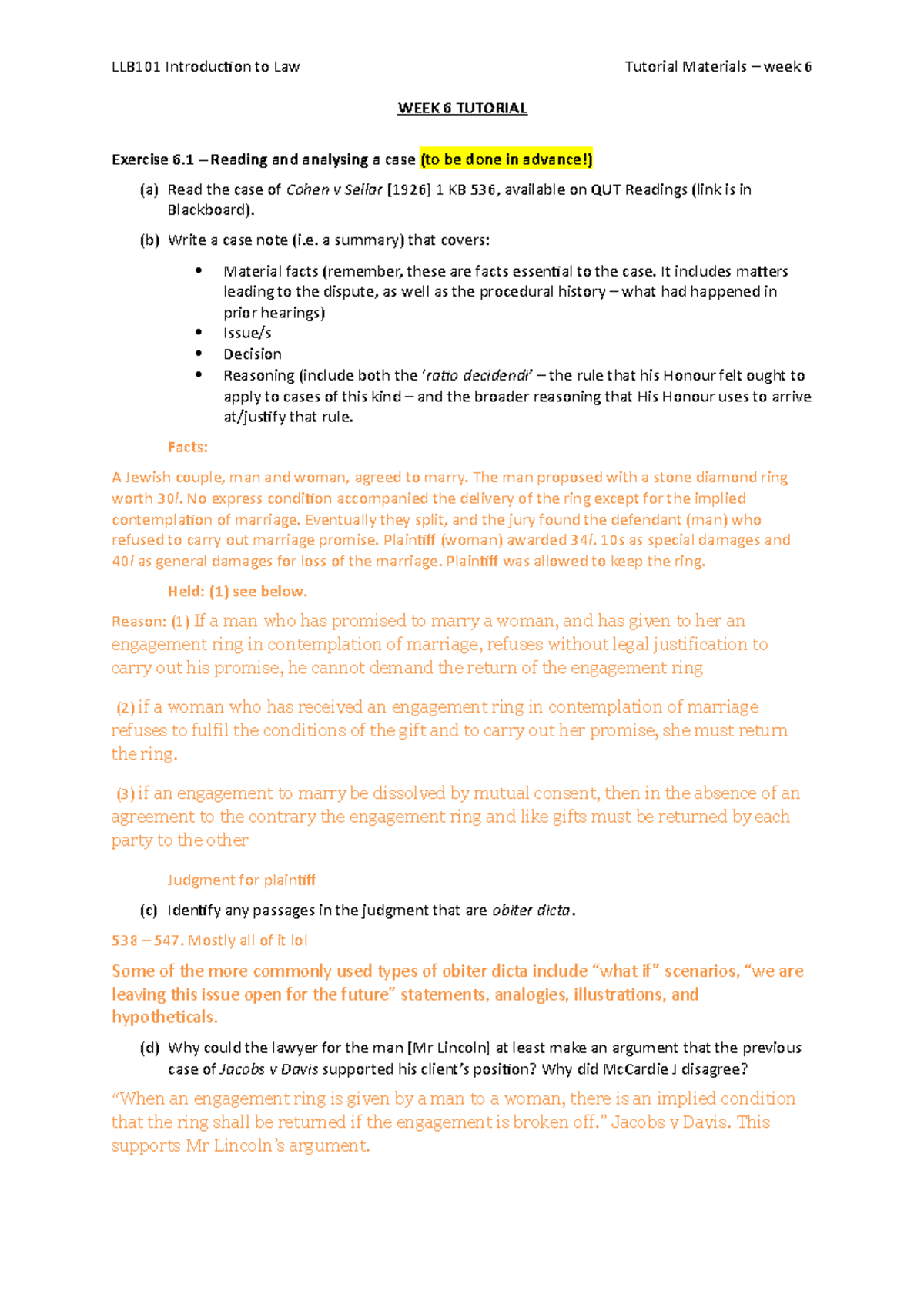 Week 6 LLB101 Tutorial Notes - WEEK 6 TUTORIAL Exercise 6 – Reading and ...
