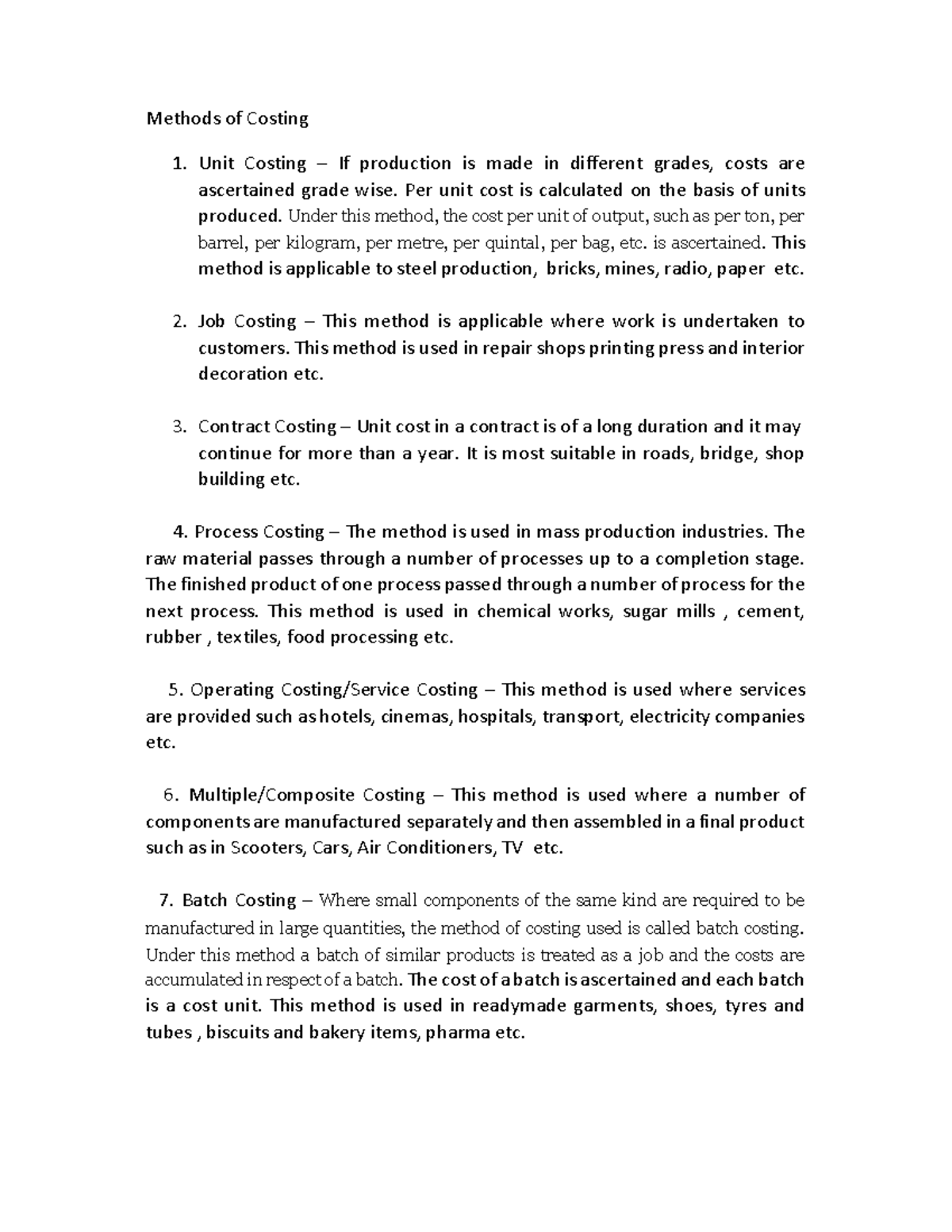 Costing 01 - Lecture notes 2 - Methods of Costing Unit Costing – If ...