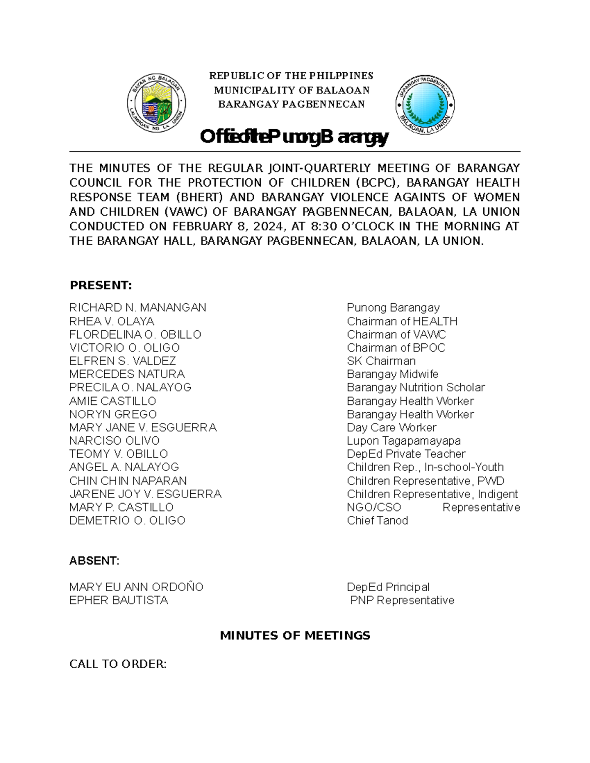 Quarterly Minutes OF BCPC, Bhert, VAWC - REPUBLIC OF THE PHILPPINES ...