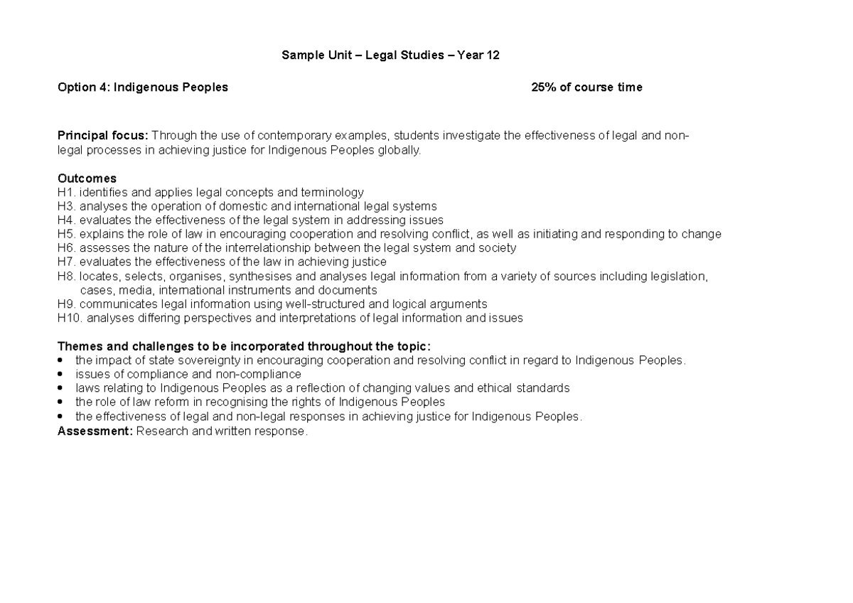 indigenous people notes and view points 2 - Sample Unit – Legal Studies ...