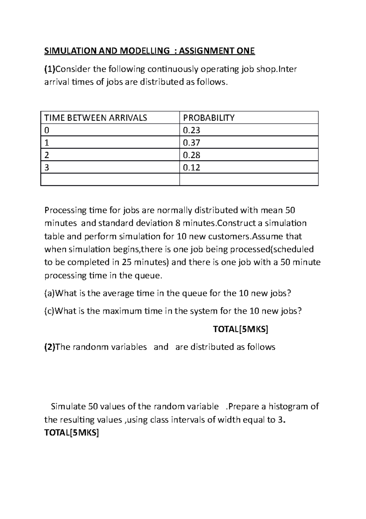 Assino 1 Simulation AND Modelling - SIMULATION AND MODELLING : ASSIGNMENT ONE (1)Consider the ...
