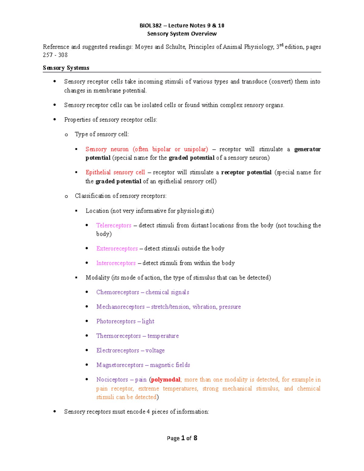 9:10 - 382 - Lecture notes - Sensory System Overview Reference and ...