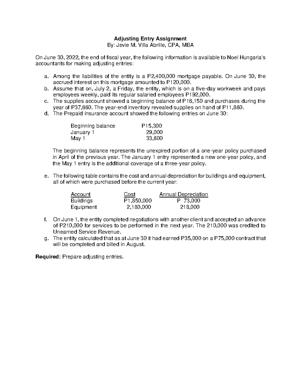 Activity in Adjusting Entry - Adjusting Entry Assignment By: Jevie M ...