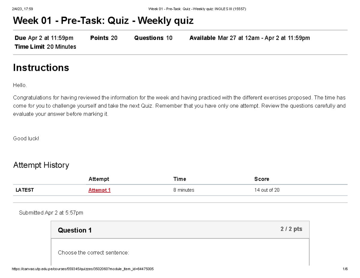 Week 01 - Pre-Task Quiz - Weekly quiz Ingles III (15557) - Week 01 ...
