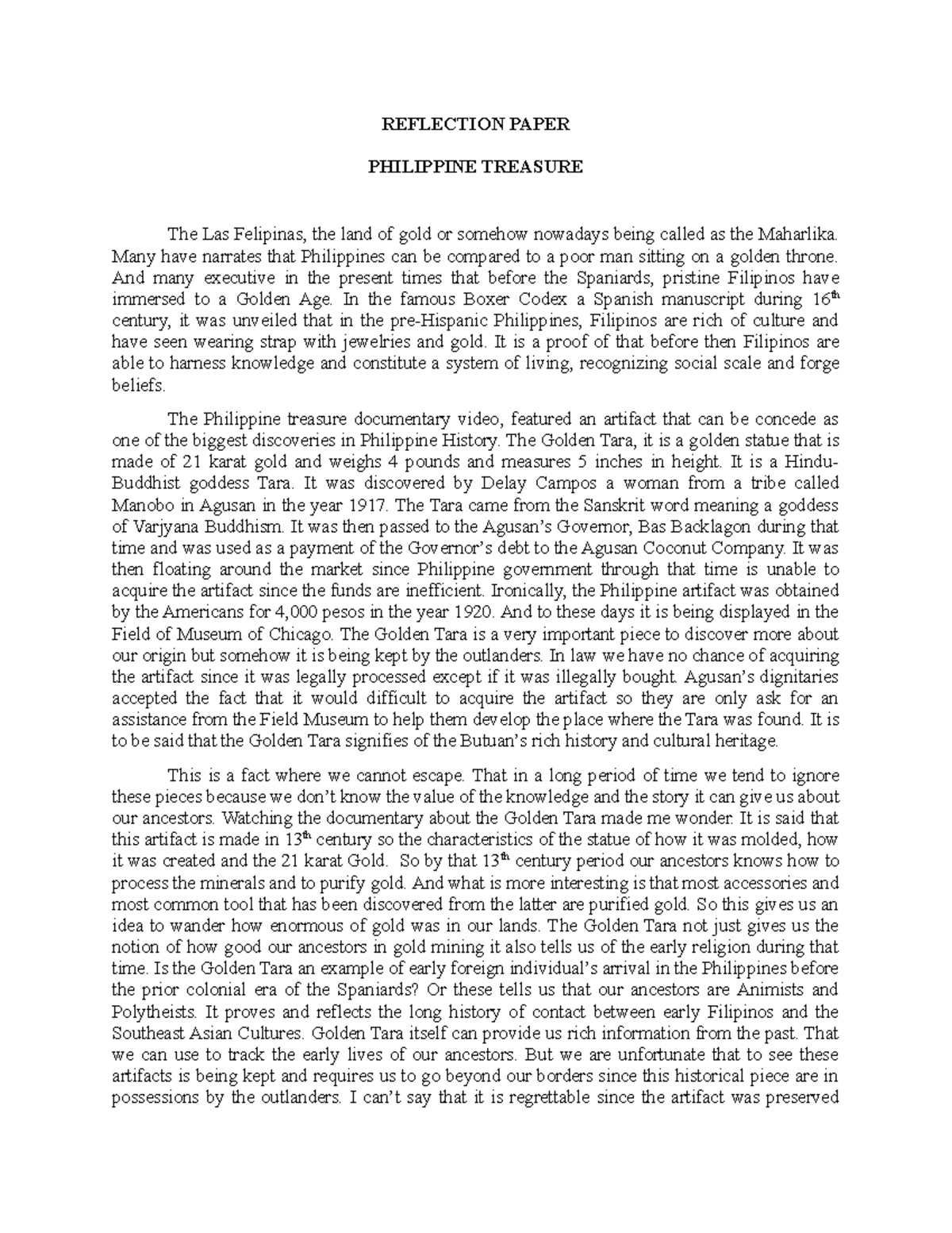 The Las Felipinas - history - REFLECTION PAPER PHILIPPINE TREASURE The ...
