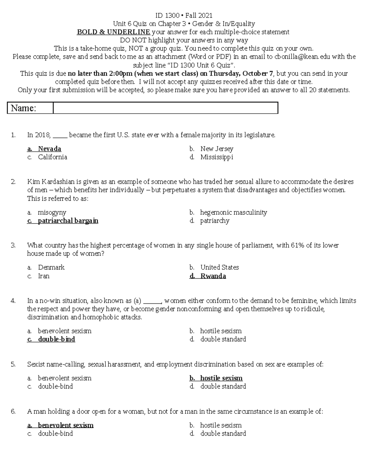- Unit 6 Quiz Answers- Chapter 3 Gender and In Equality - ID 1300 ...