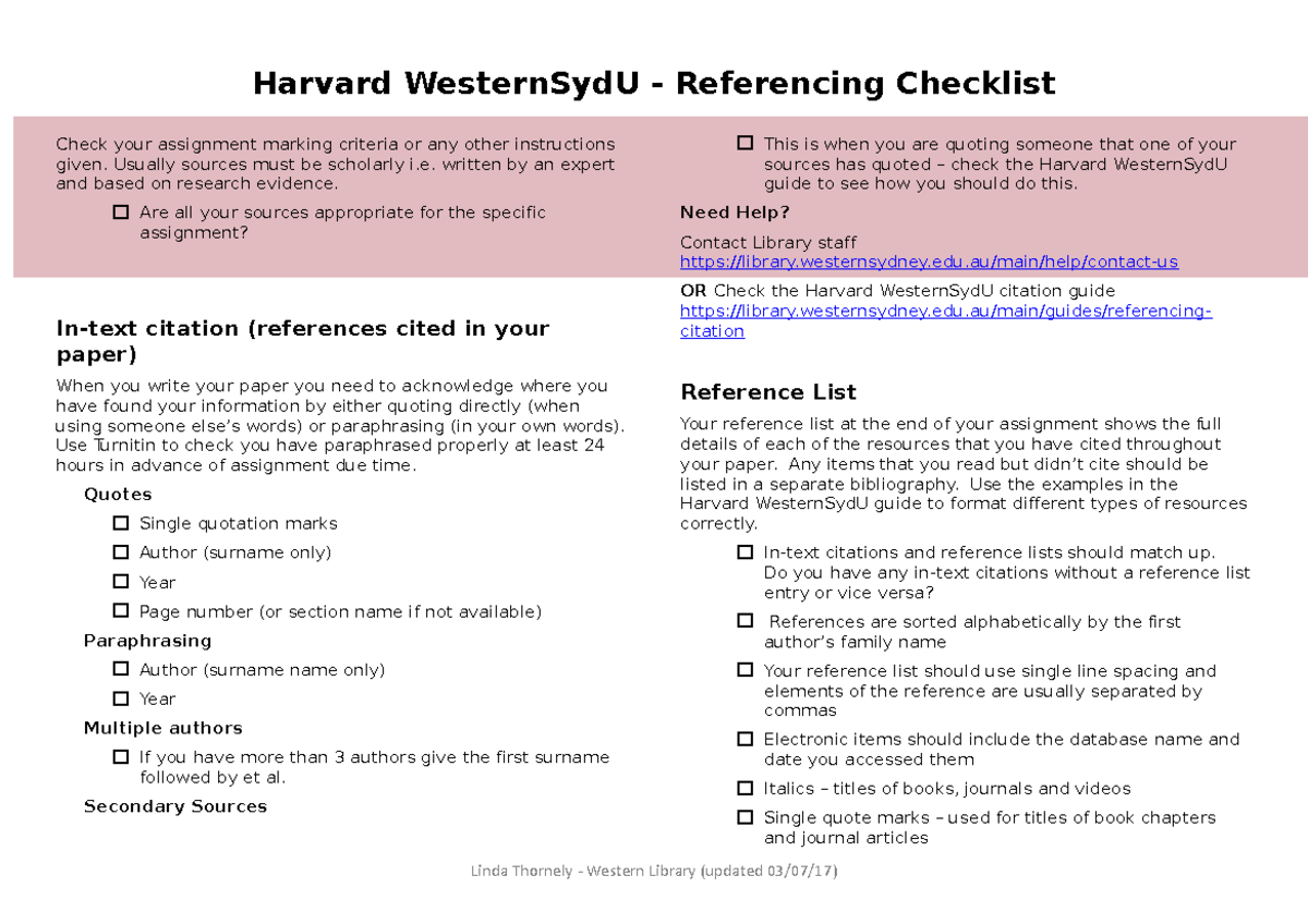 Harvard Western Syd U - Harvard WesternSydU - Referencing Checklist ...