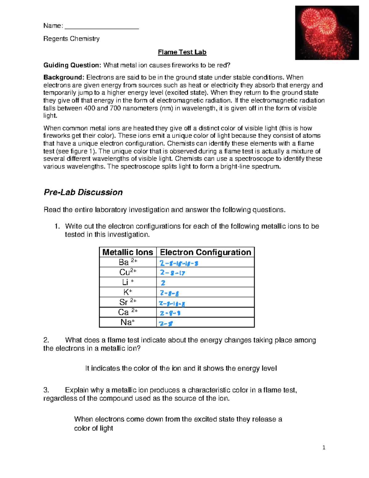 Chem Lab Flame Test New - For the guys - Name ...