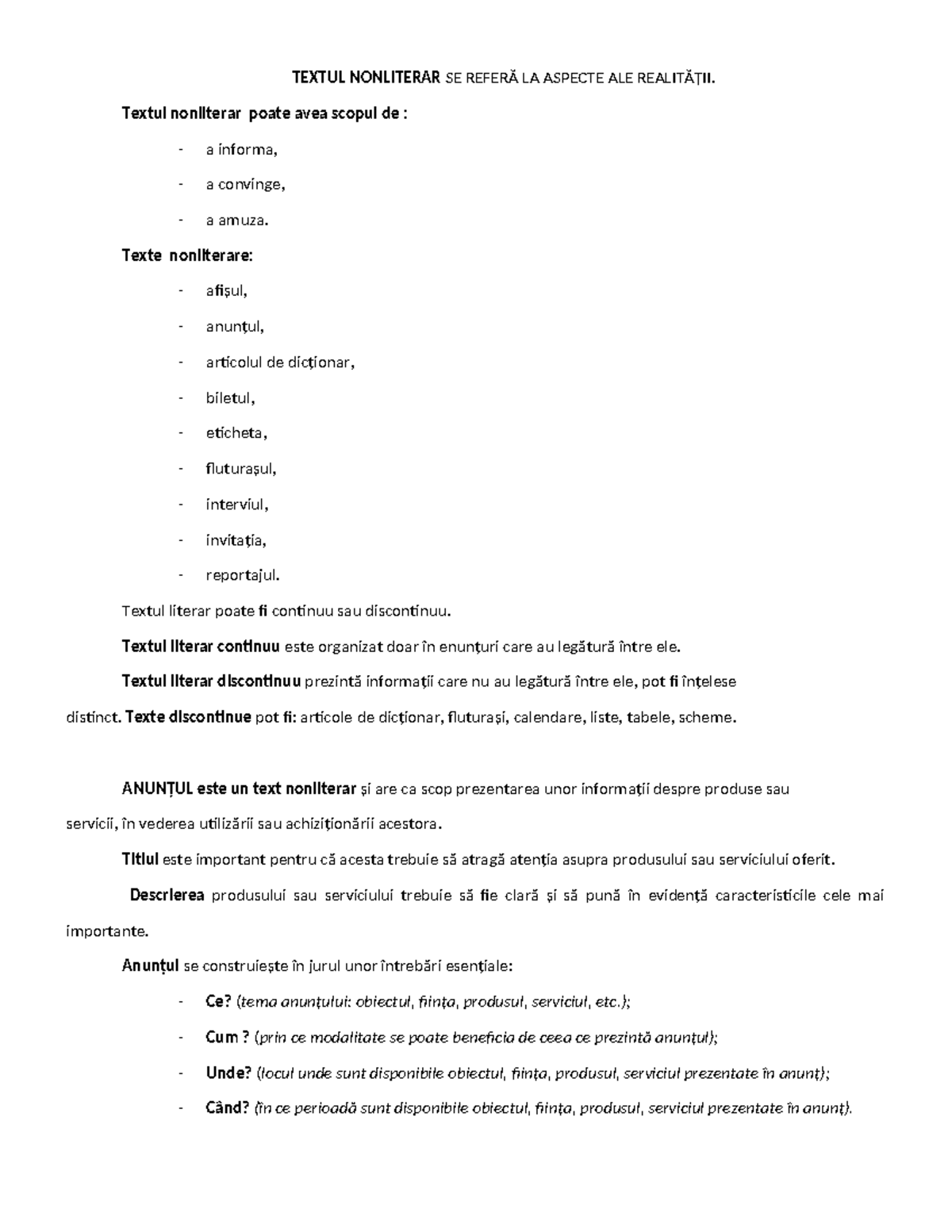 Textul nonliterar 7 - Fișă - TEXTUL NONLITERAR SE REFERĂ LA ASPECTE ALE ...