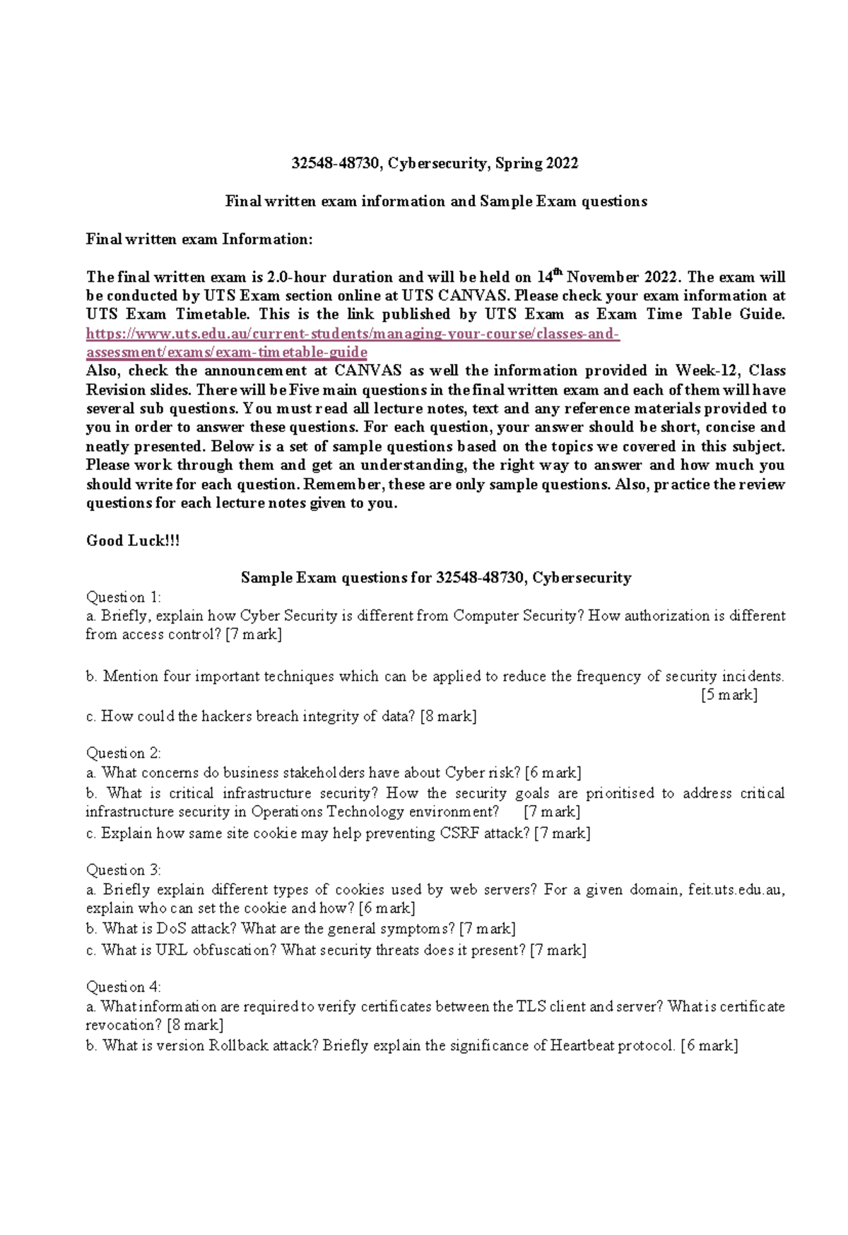 Sample Exam Questions Spring 2022 - 32548-48730, Cybersecurity, Spring ...