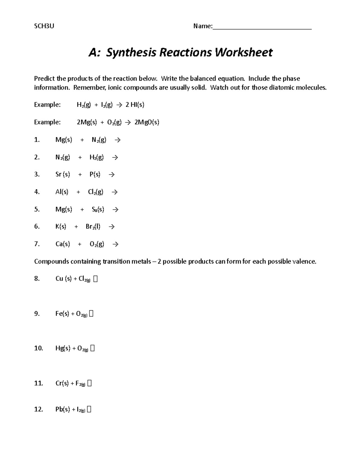 SCH3U Chemical Reactions Worksheets - Studocu