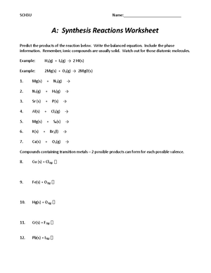 SCH3U Single and Double Displacement Worksheet - SCH3U Single ...