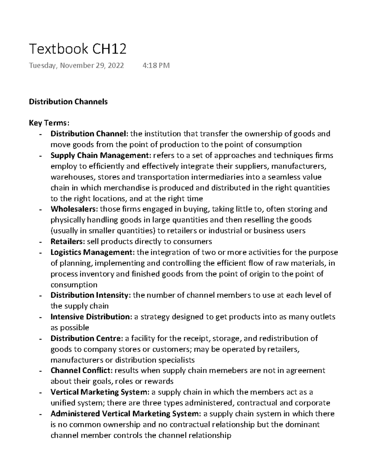 Marketing Chapter 12 (Textbook) - Distribution Channels Key Terms ...