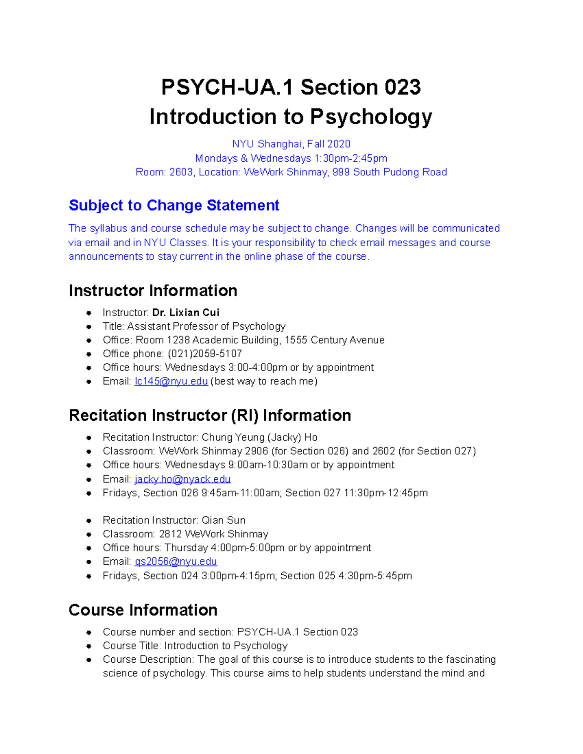 Psych-UA.1-Introduction to Psychology syllabus-Lixian Cui - PSYCH-UA ...