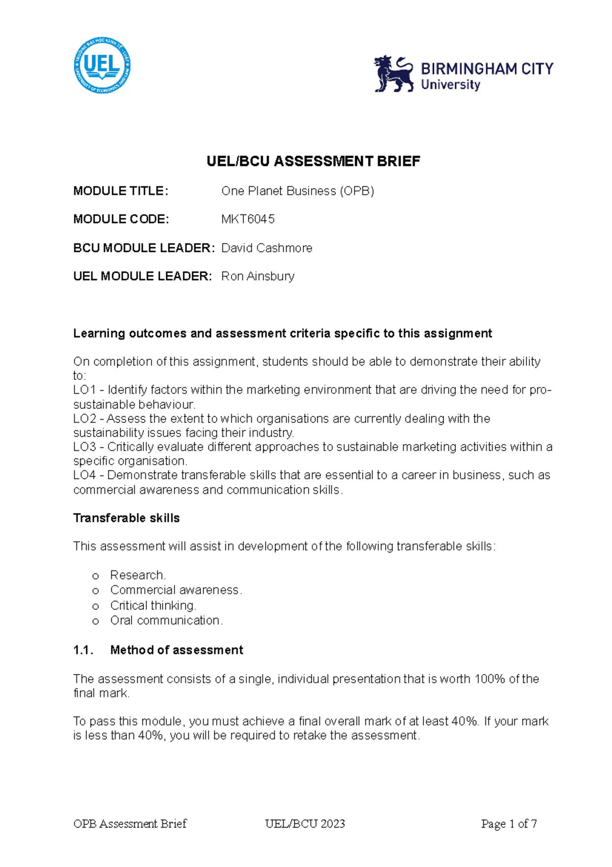 OPB Assessment Brief 2023 - UEL/BCU ASSESSMENT BRIEF MODULE TITLE: One Planet Business (OPB ...