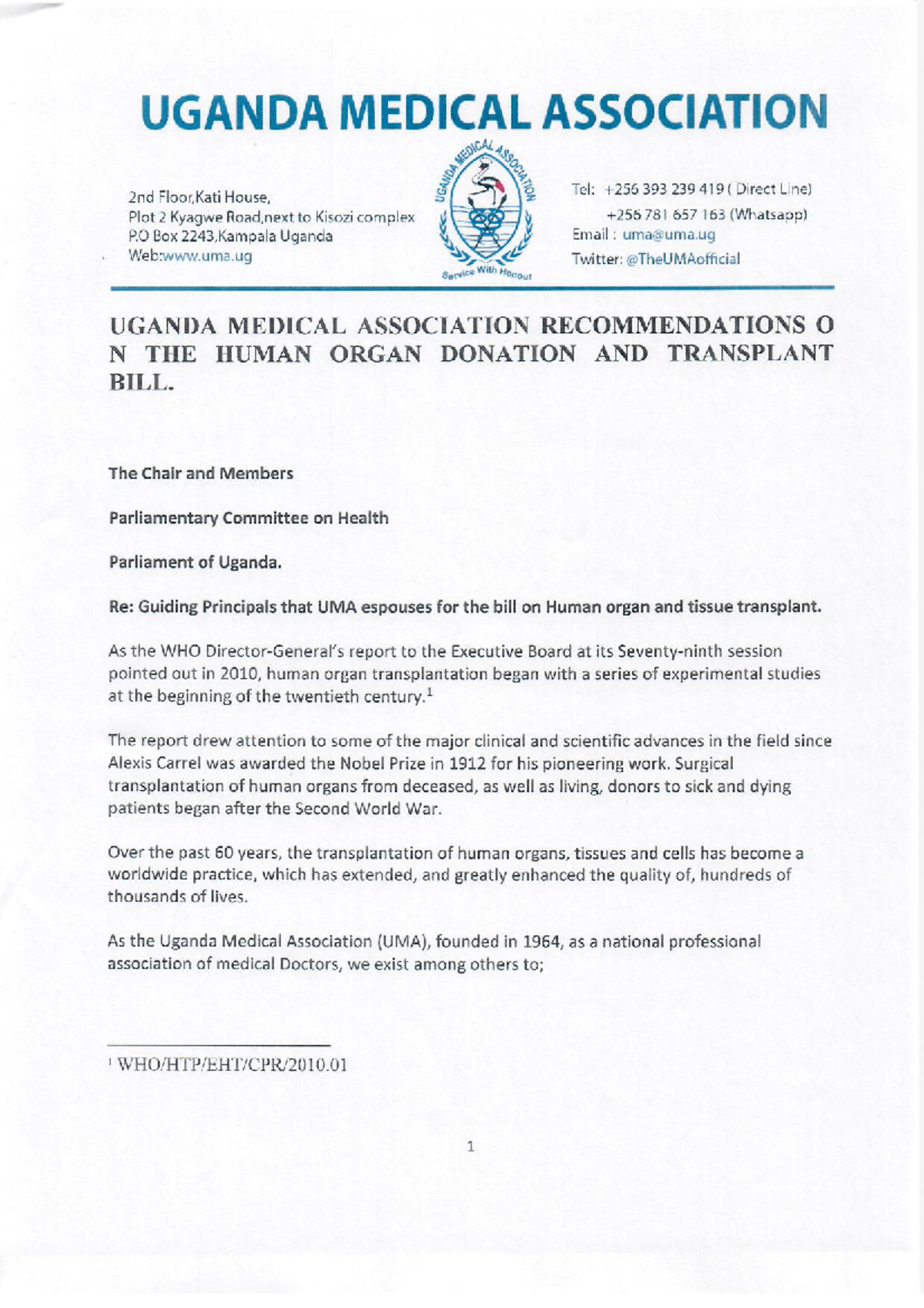 Uganda Medical Recommendation ON THE Human Organ Donation AND ...